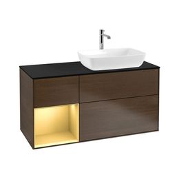 Villeroy & Boch Villeroy und Boch Finion Waschtischunterschrank F802HFGN 120cm, Abdeckplatte black matt, Regale Gold matt lacquer, Walnut veneer