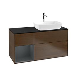 Villeroy & Boch Villeroy und Boch Finion Waschtischunterschrank G802HGGN 120cm, Abdeckplatte black matt, Emotion, Regale Midnight matt lacquer, Walnut veneer