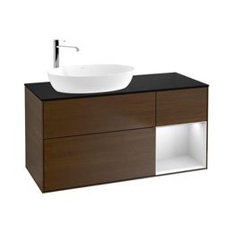 Villeroy & Boch Villeroy und Boch Finion Waschtischunterschrank F932MTGN 120cm, Abdeckplatte black matt, Regale White matt lacquer, Walnut veneer