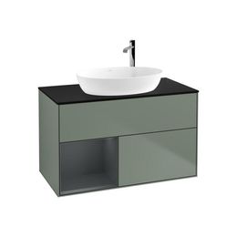 Villeroy & Boch Villeroy und Boch Finion Waschtischunterschrank G892HGGM 100cm, Abdeckplatte black matt, Emotion, Regale Midnight matt lacquer, Olive Matt Lacquer