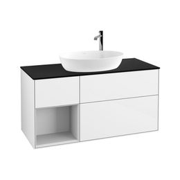 Villeroy & Boch Villeroy und Boch Finion Waschtischunterschrank G942MTGF 120cm, Abdeckplatte black matt, Emotion, Regale White matt lacquer, Glossy white lacquer