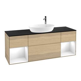 Villeroy & Boch Villeroy und Boch Finion Waschtischunterschrank F982GFPC 160cm, Abdeckplatte black matt, Regale Glossy white lacquer, Oak Veneer