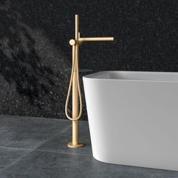 KEUCO Edition 400 Einhebel-Wannenmischer 51527250100 freistehend, mit Brauseschlauch und Stabhandbrause, Messing geb&uuml;rstet