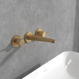 Villeroy & Boch Villeroy und Boch Conum Dreiloch-Waschtischarmatur TVW12700200076 ohne Ablaufgarnitur, Wandmontage, brushed gold