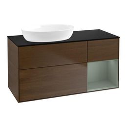 Villeroy & Boch Villeroy und Boch Finion Waschtischunterschrank GA52GMGN 120cm, Abdeckplatte black matt, Emotion, Regale Olive matt lacquer, Walnut veneer