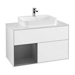 Villeroy & Boch Villeroy und Boch Finion Waschtischunterschrank F361GKGF 100cm, Abdeckplatte white matt, Regal links Anthracite matt, Glossy white lacquer