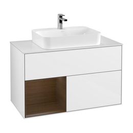Villeroy & Boch Villeroy und Boch Finion Waschtischunterschrank F361GNGF 100cm, Abdeckplatte white matt, Regal links Walnut veneer, Glossy white lacquer