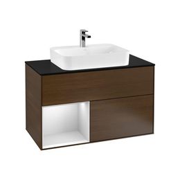 Villeroy & Boch Villeroy und Boch Finion Waschtischunterschrank F362MTGN 100cm, Abdeckplatte black matt, Regal links White matt lacquer, Walnut veneer