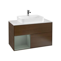 Villeroy & Boch Villeroy und Boch Finion Waschtischunterschrank F361GMGN 100cm, Abdeckplatte white matt, Regal links Olive Matt Lacquer, Walnut veneer