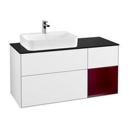 Villeroy & Boch Villeroy und Boch Finion Waschtischunterschrank G402HBGF 120cm, Abdeckplatte black matt, Emotion, Regal rechts Peony, Glossy white lacquer