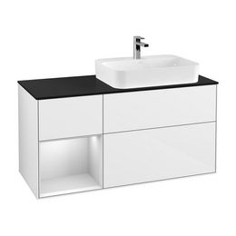Villeroy & Boch Villeroy und Boch Finion Waschtischunterschrank F392MTGF 120cm, Abdeckplatte black matt, Regal links White matt lacquer, Glossy white lacquer
