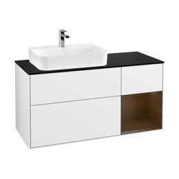 Villeroy & Boch Villeroy und Boch Finion Waschtischunterschrank F402GNGF 120cm, Abdeckplatte black matt, Regal rechts Walnut veneer, Glossy white lacquer