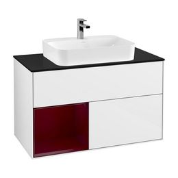 Villeroy & Boch Villeroy und Boch Finion Waschtischunterschrank F362HBGF 100cm, Abdeckplatte black matt, Regal links Peony, Glossy white lacquer