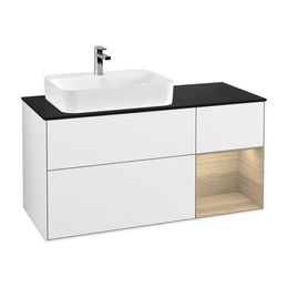 Villeroy & Boch Villeroy und Boch Finion Waschtischunterschrank F402PCGF 120cm, Abdeckplatte black matt, Regal rechts Oak Veneer, Glossy white lacquer