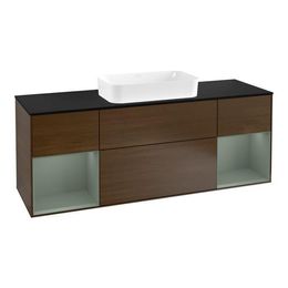 Villeroy & Boch Villeroy und Boch Finion Waschtischunterschrank G332GMGN 160cm, Abdeckplatte black matt, Emotion, Regale Olive matt lacquer, Walnut veneer