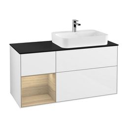 Villeroy & Boch Villeroy und Boch Finion Waschtischunterschrank F392PCGF 120cm, Abdeckplatte black matt, Regal links Oak Veneer, Glossy white lacquer