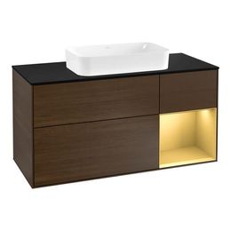 Villeroy & Boch Villeroy und Boch Finion Waschtischunterschrank G302HFGN 120cm, Abdeckplatte black matt, Emotion, Regal rechts Gold matt, Walnut veneer