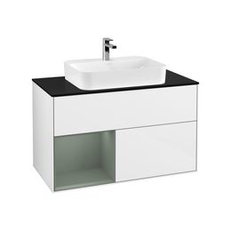 Villeroy & Boch Villeroy und Boch Finion Waschtischunterschrank G362GMGF 100cm, Abdeckplatte black matt, Emotion, Regal links Olive Matt Lacquer, Glossy white lacquer