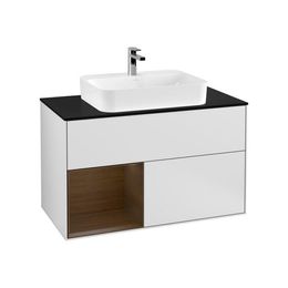 Villeroy & Boch Villeroy und Boch Finion Waschtischunterschrank G362GNMT 100cm, Abdeckplatte black matt, Emotion, Regal links Walnut veneer, White matt lacquer