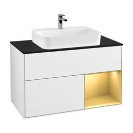 Villeroy & Boch Villeroy und Boch Finion Waschtischunterschrank F372HFGF 100cm, Abdeckplatte black matt, Regal rechts Gold matt, Glossy white lacquer