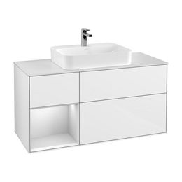 Villeroy & Boch Villeroy und Boch Finion Waschtischunterschrank G411MTGF 120cm, Abdeckplatte white matt, Emotion, Regal links White matt lacquer, Glossy white lacquer