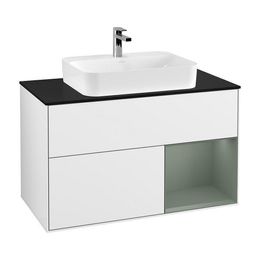 Villeroy & Boch Villeroy und Boch Finion Waschtischunterschrank F372GMGF 100cm, Abdeckplatte black matt, Regal rechts Olive Matt Lacquer, Glossy white lacquer