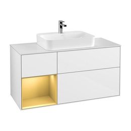 Villeroy & Boch Villeroy und Boch Finion Waschtischunterschrank F411HFGF 120cm, Abdeckplatte white matt, Regal links Gold matt, Glossy white lacquer