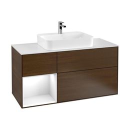 Villeroy & Boch Villeroy und Boch Finion Waschtischunterschrank F411GFGN 120cm, Abdeckplatte white matt, Regal links Glossy white lacquer, Walnut veneer