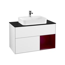 Villeroy & Boch Villeroy und Boch Finion Waschtischunterschrank F372HBGF 100cm, Abdeckplatte black matt, Regal rechts Peony, Glossy white lacquer