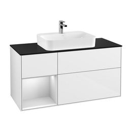 Villeroy & Boch Villeroy und Boch Finion Waschtischunterschrank F412MTGF 120cm, Abdeckplatte black matt, Regal links White matt lacquer, Glossy white lacquer