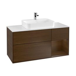Villeroy & Boch Villeroy und Boch Finion Waschtischunterschrank F421GNGN 120cm, Abdeckplatte white matt, Regal rechts Walnut veneer, Walnut veneer