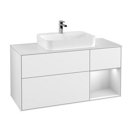 Villeroy & Boch Villeroy und Boch Finion Waschtischunterschrank G421MTGF 120cm, Abdeckplatte white matt, Emotion, Regal rechts White matt, Glossy white lacquer