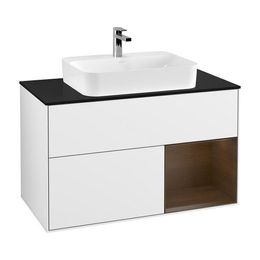 Villeroy & Boch Villeroy und Boch Finion Waschtischunterschrank G372GNGF 100cm, Abdeckplatte black matt, Emotion, Regal rechts Walnut veneer, Glossy white lacquer