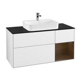 Villeroy & Boch Villeroy und Boch Finion Waschtischunterschrank F422GNGF 120cm, Abdeckplatte black matt, Regal rechts Walnut veneer, Glossy white lacquer