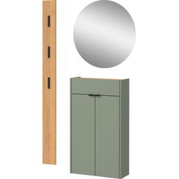 Garderoben-Set Germania, B:86cm H:200cm T:22cm, grün, Flur, Kastenmöbel-Sets, "Ameca", mit Mehrzweckschrank, Spiegel und Garderobenpaneel, geringe