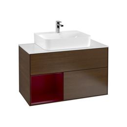Villeroy & Boch Villeroy und Boch Finion Waschtischunterschrank F111HBGN 100cm, Abdeckplatte black matt, Regal links Peony, Walnut veneer