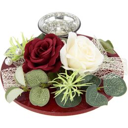 Teelichthalter I.GE.A., B:17cm H:6cm, rot, Polyester, Kerzenhalter, "Mit Glaseinsatz und Teelichtkerze, k&uuml;nstlichen Rosen Eukalyptus", Kerzenst&auml;nder