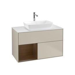 Villeroy & Boch Villeroy und Boch Finion Waschtischunterschrank F771GNHH 100cm, Abdeckplatte white matt, Regale Walnut Veneer, Sand Matt Lacquer