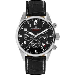 Jacques Lemans Herren Chronograph "Barcelona", schwarz, Armbanduhren, Quarzuhr, Armbanduhr, Herrenuhr, Datum, Stoppfunktion, Lederarmband