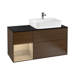 Villeroy & Boch Villeroy und Boch Finion Waschtischunterschrank F142PCGN 120cm, Abdeckplatte Glass Black Matt, Regal links Oak Veneer, Walnut veneer