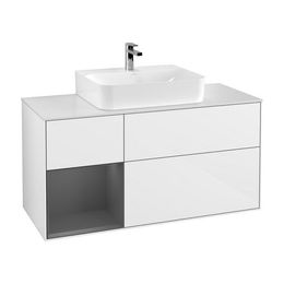 Villeroy & Boch Villeroy und Boch Finion Waschtischunterschrank F161GKGF 120cm, Abdeckplatte white matt, Regal links Anthracite matt, Glossy white lacquer