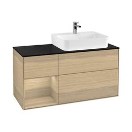 Villeroy & Boch Villeroy und Boch Finion Waschtischunterschrank F142PCPC 120cm, Abdeckplatte Glass Black Matt, Regal links Oak Veneer, Oak Veneer
