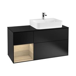 Villeroy & Boch Villeroy und Boch Finion Waschtischunterschrank F142PCPD 120cm, Abdeckplatte Glass Black Matt, Regal links Oak Veneer, Black matt lacquer