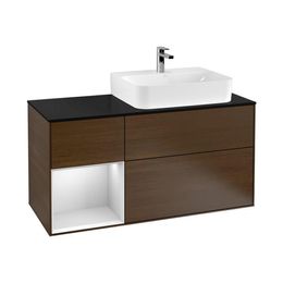 Villeroy & Boch Villeroy und Boch Finion Waschtischunterschrank F142MTGN 120cm, Abdeckplatte Glass Black Matt, Regal links White matt lacquer, Walnut veneer