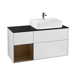 Villeroy & Boch Villeroy und Boch Finion Waschtischunterschrank F142GNMT 120cm, Abdeckplatte Glass Black Matt, Regal links Walnut veneer, White matt lacquer