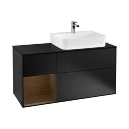 Villeroy & Boch Villeroy und Boch Finion Waschtischunterschrank F142GNPD 120cm, Abdeckplatte Glass Black Matt, Regal links Walnut veneer, Black matt lacquer