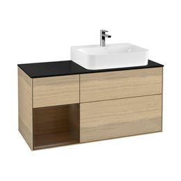 Villeroy & Boch Villeroy und Boch Finion Waschtischunterschrank F142GNPC 120cm, Abdeckplatte Glass Black Matt, Regal links Walnut veneer, Oak Veneer