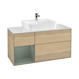 Villeroy & Boch Villeroy und Boch Finion Waschtischunterschrank F161GMPC 120cm, Abdeckplatte white matt, Regal links Olive Matt Lacquer, Oak Veneer