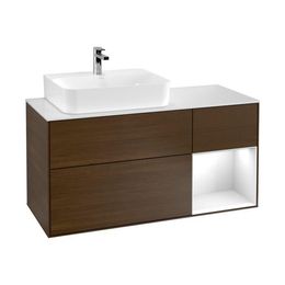 Villeroy & Boch Villeroy und Boch Finion Waschtischunterschrank G151GFGN 120cm, Abdeckplatte white matt, Emotion, Regal links Glossy white lacquer, Walnut veneer