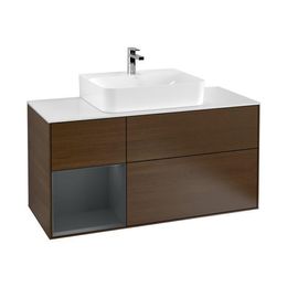 Villeroy & Boch Villeroy und Boch Finion Waschtischunterschrank F161HGGN 120cm, Abdeckplatte white matt, Regal links Midnight Blue Matt Lacquer, Walnut veneer